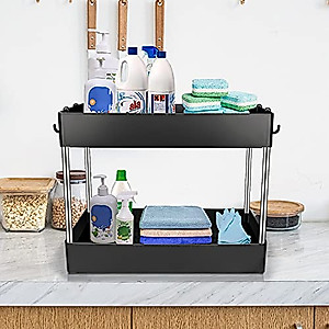 LGHIESO Under Sink Organizer and Storage, Under Bathroom Sink Shelf Organizer Rack, Under Bath Sink Collection Baskets with Hooks, Ideal for Room, Office, Kitchen, Bathroom (Black, 2-Tier)