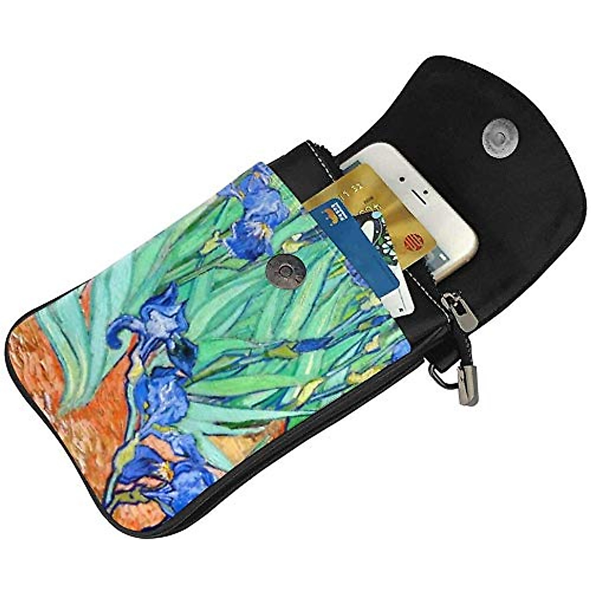 Van Gogh Irises Flowers Women Soft PU Leather Cellphone Purse Wallet Handbag Small Crossbody Shoulder Bag