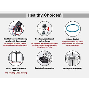 Healthy Choices 5 Quart Pressure Cooker, Stainless Steel, Unique Double Safety Valve, Olla de Presion Acero Inoxidable, Gas Stove & Induction Compatible, Instant Cooking, Indian Cookware, 5 Liters