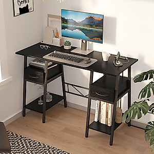 YAOHUOO 47 Inch Computer Desk with 2 Wooden Drawers/Power Outlet/USB Charging Port, Home Office Desks with Storage Shelves for Bedroom,Modern Writing Desk,Work Desk,Study Table(Black)