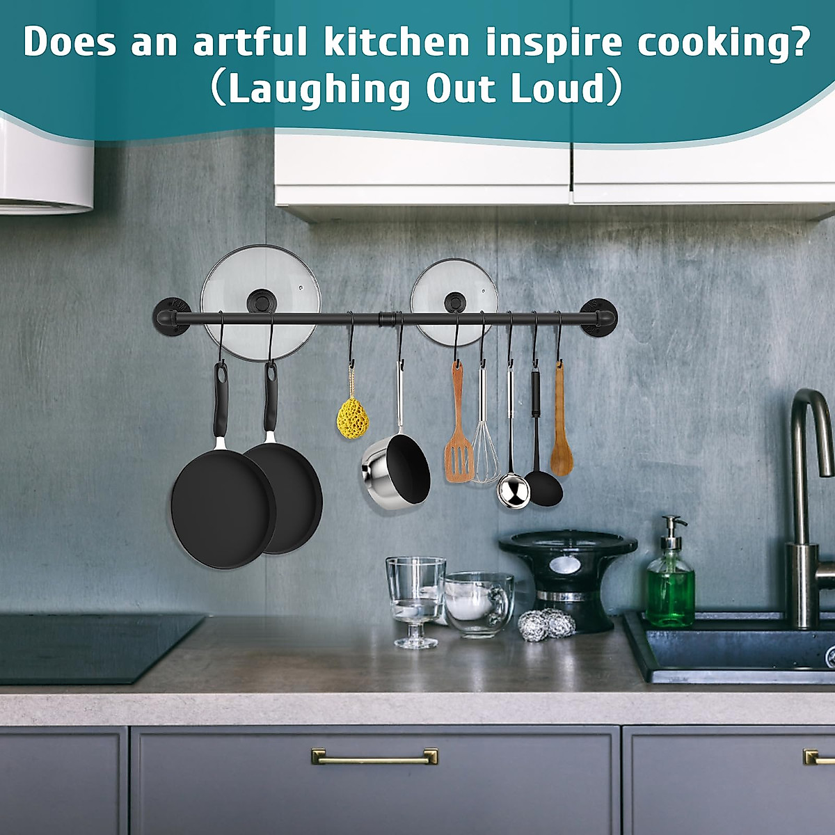 SUJOER 39.4 inch Pot Rack Wall Mounted with 15 Hooks, Hanging Pot Pan Organizer Rack,Utensil Industrial Pipe Hanger,heavy duty Cast Iron Skillet Storage Rail,Cabinet Black Pots and Pans Storage