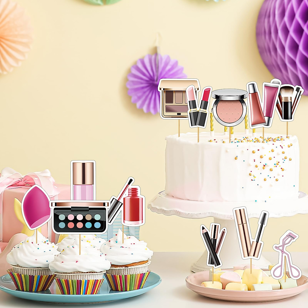 24PCS Makeup Cupcake Toppers - Makeup Cupcake Toppers for Girls Makeup Birthday Party Decorations Cosmetics Cake Toppers Make Up Party Supplies for Bridal Shower Cosmetics Party