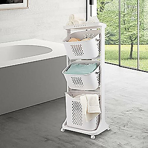 3 Tier Washing Hamper Dirty Clothes Storage Bin Multi Layer Rolling Laundry Cart PP Storage Hamper Freestanding Clothes Hamper Organizer with Portable Handle for Bathroom Living Room Bedroom Kitchen