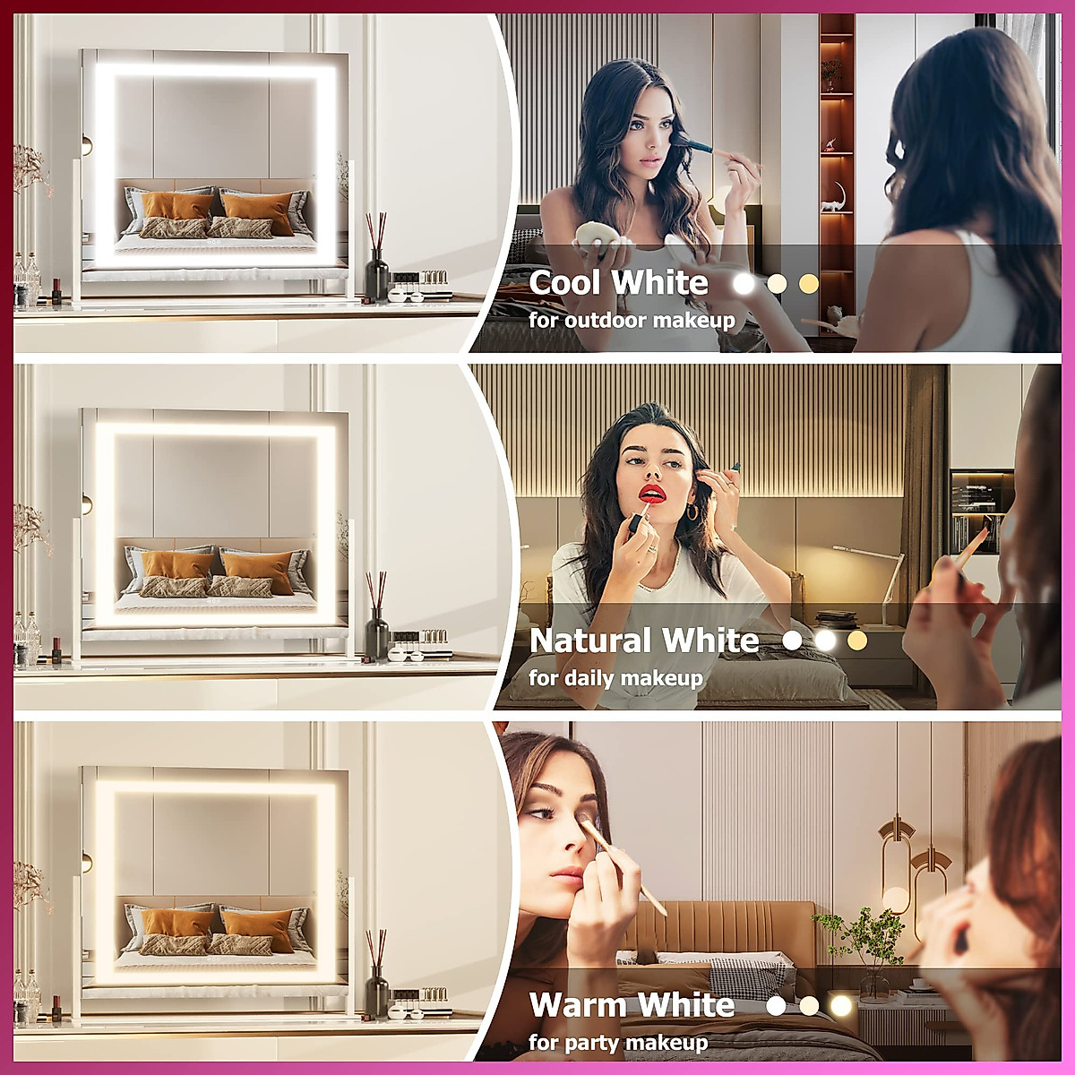 Hasipu Vanity Mirror with Lights, 24.2" x 19.7" LED Makeup Mirror, Light up Mirror with 10X Magnification and USB, Phone Holder, Smart Touch 3 Colors Dimmable, 360° Rotation (Right Angle White)