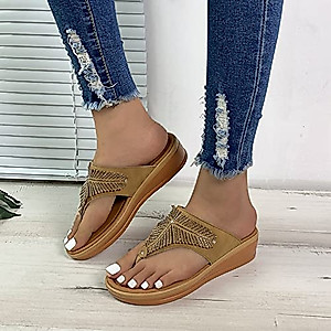 Ladies Fashion Summer Solid Leather Rhinestone Decorative Clamping Toe Slope Heel High Heel Wedges Sandals for Women (Khaki, 8)
