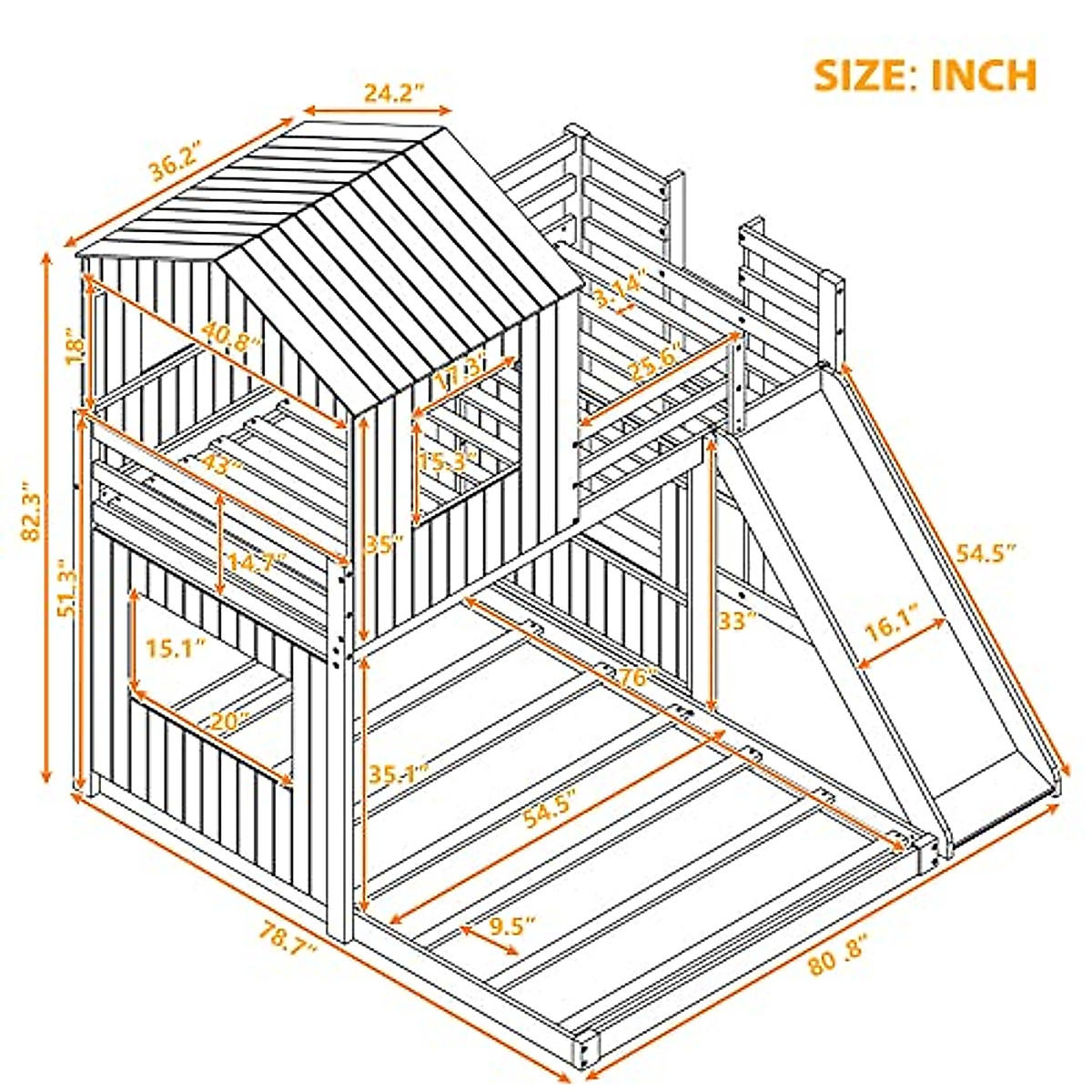 Harper & Bright Designs House Bunk Beds with Slide, Wood Twin Over Full Bunk Beds with Roof and Guard Rail for Kids, Toddlers, No Box Spring Needed (Antique Gray, Twin Loft Bed with Slide)