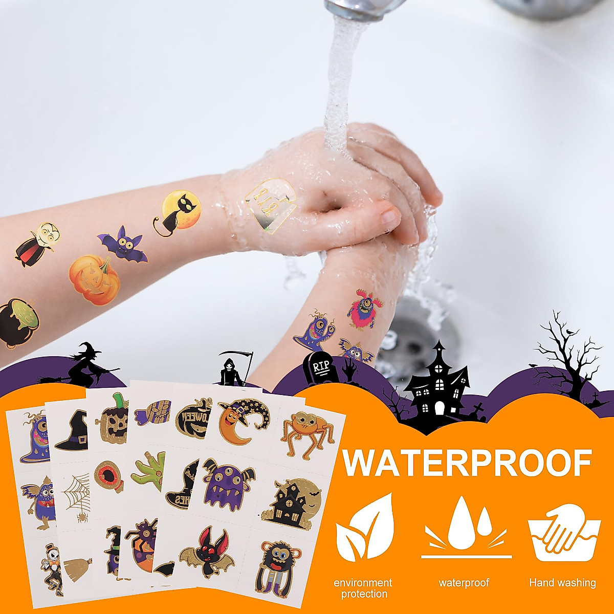 192 PCS Halloween Temporary Tattoos for Kids, Halloween Assorted Waterproof Fake Pumpkin Temp Tattoo Sticker for Boys Girls Goody Bag Stuffers Prizes Party Favors