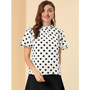 Allegra K Women's Polka Dots Blouse Stand Collar Pleat Keyhole Back Short Flare Sleeve Tops Medium White Black
