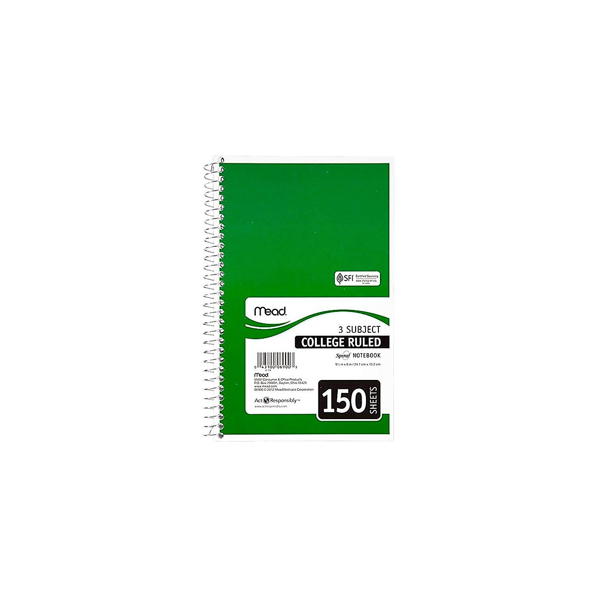Mead Spiral Bound Notebook White, 3 Subject, College Rule, 6 x 9-1/2, Sold as 6 Pack (06900)