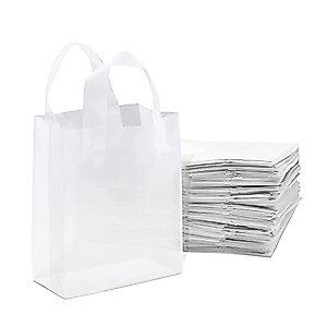 Prime Line Packaging - 8x4x10 Inch 100 Pack Plastic Bags with Handles, Small Gift Bags, Shopping Bags for Small Business, Clear Frosted White in Bulk for Boutiques, Retail Stores, Gifts & Merchandise