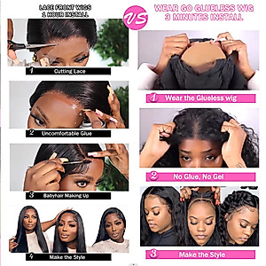 26 Inch Bye Bye Knots Wear and Go Glueless Wigs Human Hair Deep Wave HD 7X5 for Real No Glue Lace Wig, 3D Dome Cap Glueless Wig Pre Plucked, Pre Cut Glueless Wig Natural black 200% Density