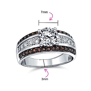 Bling Jewelry Personalize 3CT AAA CZ Two Tone Chocolate Brown Color Clear Round Brilliant Cut Solitaire Engagement Ring For Women 3 Row Wide Pave Band Silver Plated Customizable