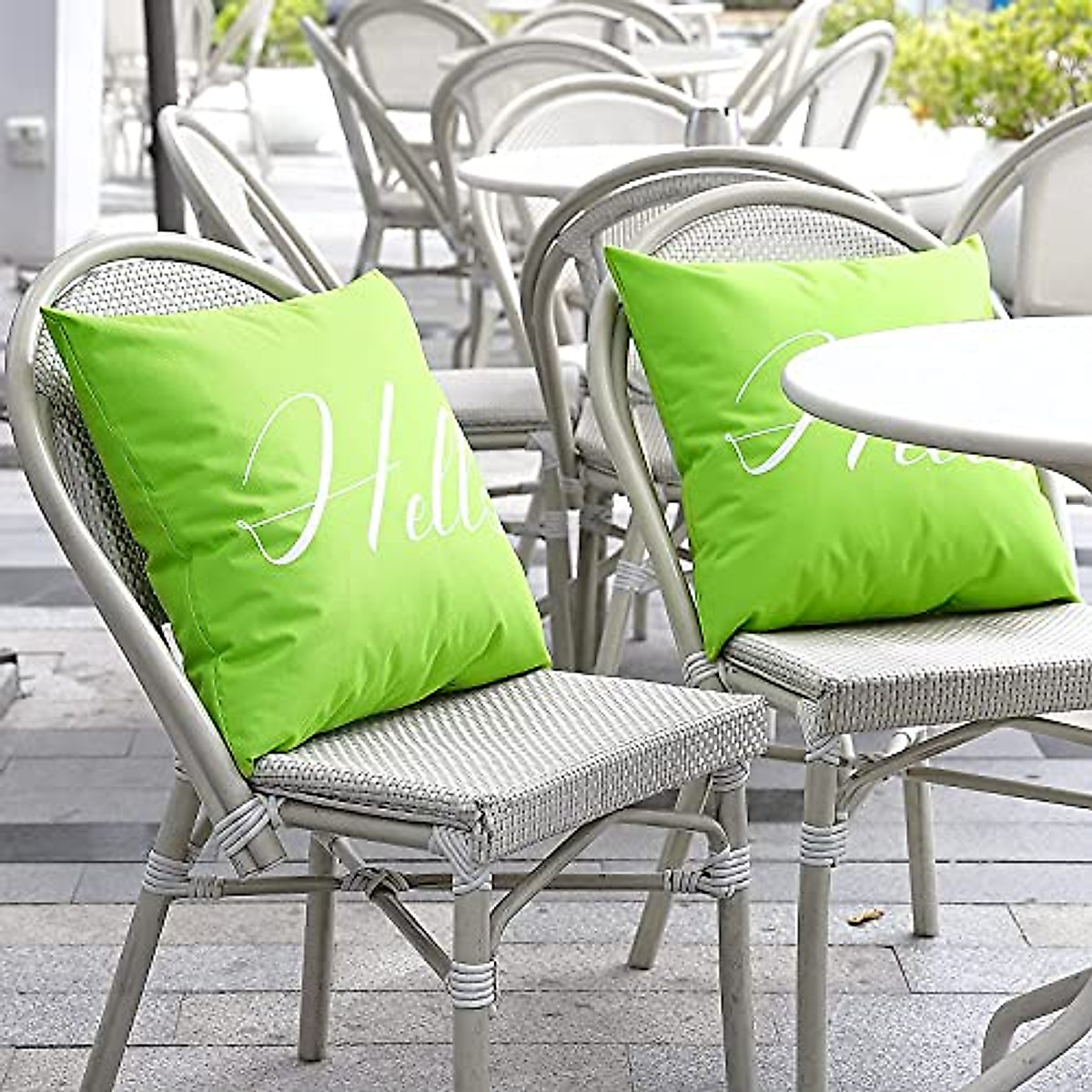 Lewondr Waterproof Throw Pillow Cover, 2 Pack Hello Printing Outdoor Throw Pillow Case UV Protection Garden Cushion Cover for Patio Sofa Couch Balcony Decor 18"x18"(45x45cm), Fluorescent Green