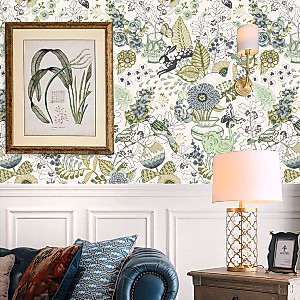 Wudnaye Floral Wallpaper Peel and Stick Wallpaper Floral Kitchen Wallpaper 17.7inch × 118.1inch Green Wallpaper Stick and Peel Wallpaper Plants Flower Wallpaper Decorative Contact Paper for Shelves