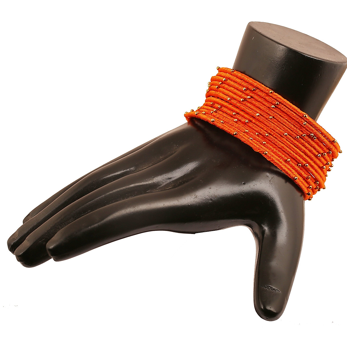 Touchstone New Silk Thread Bangle Collection Indian Bollywood Handcrafted Faux Silk Thread Exotic Look Golden Beads Carrot Orange Designer Bangle Bracelets Set of 12 for Women.