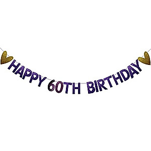 Happy 60th Birthday Banner, Pre-Strung, Purple Glitter Paper Garlands Banner for 60th Birthday Party Decorations Supplies, Letters Purple, Betteryanzi