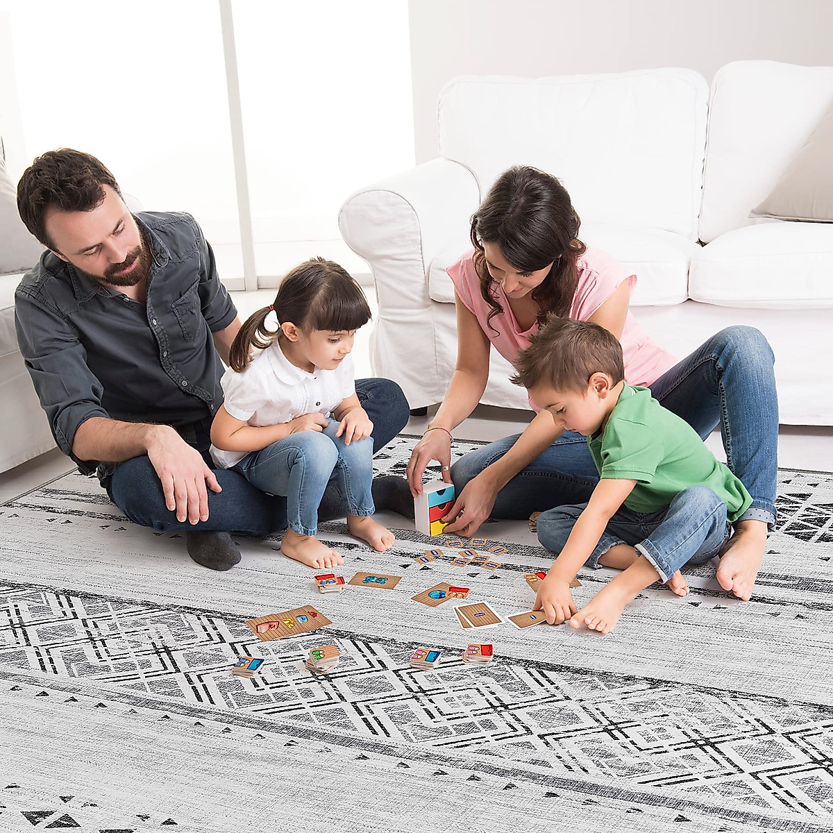 Area Rugs 9x12 Living Room: Large Machine Washable Rug with Non-Slip Backing Stain Resistant Soft Geometric Moroccan Carpet for Bedroom Dining Nursery Room Home Office - Gray/Ivory