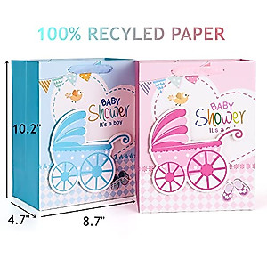 Gift Bags for Baby Shower - 2 Pack Glittery Baby Bags for Girls and Boys with Satin Ribbon Handles, Middle Size Baby Gift Bags with Lovely Pattern for Baby Shower, Guests, Favor Gifts and More (8.7’’x10.2’’x4.7’’, 1 Pack for Boy and 1 Pack for Girl)