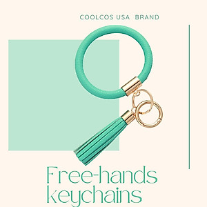 Coolcos Key Ring Bracelets Wristlet Keychain Bangle Keyring - Large Circle Leather Tassel Bracelet Holder For Women Gift(Turquoise Blue)