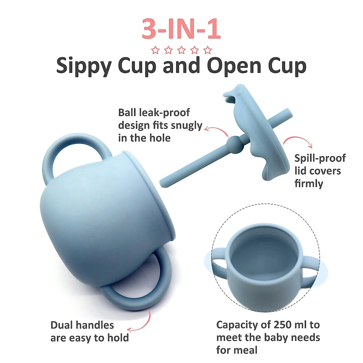 Santi & Me Baby Feeding Set Divided Plate with Suction, Adjustable Silicone Bib, Toddler Training Sippy Cup with Straw, Baby Led Weaning Spoon, Rainbow Plate Dishes and Utensils Set(Dusty blue)