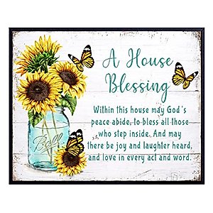 House Blessing - Religious Housewarming Gifts for Women - Christian Wall Art - Rustic Country Sunflower Butterfly Wall Decor - Blessed Wall Art - Inspirational Wall Decor - Bible Verses Wall Decor