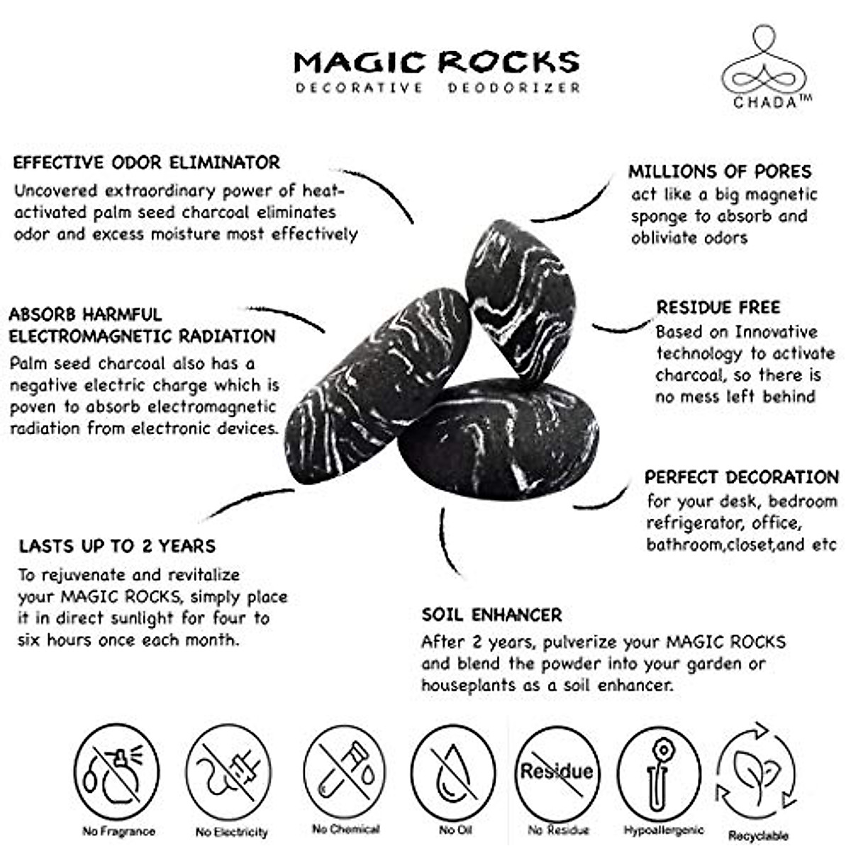 Chada Magic Rocks : Charcoal Air Deodorizer, No Chemicals,Activated Charcoal, Natural Room Odor Eliminator, Air Purifier, Neutralizer, Absorb Smoke Smell, 420 g, set of 4 rocks