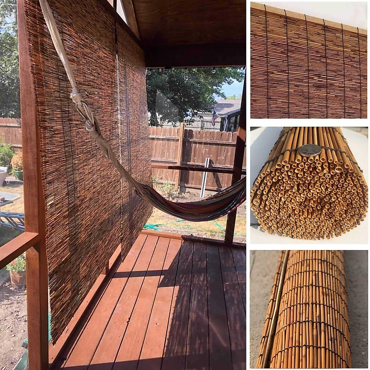 Patio Shades Roll Up Outdoor, Bamboo Blinds for Outdoor Patio, Thernal Insulated Shading Reed Blinds, Blackout Bamboo Shade, Privacy Screen, 24″ 30″ 34″ 36″ 39″ 43″ 48″ 51″ 55″ 70″ Width