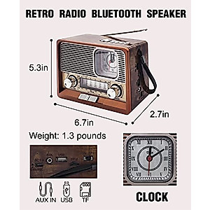 Videyas Portable Shortwave Retro Radio, AM FM Retro Radio, with Bluetooth Speaker, Best Reception, Rechargeable Battery, Torch, AUX TF USB Stick, Great for Outdoor Kitchen Gifts