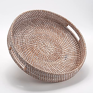 Coffee Table Tray Round Rattan Ottoman Tray Woven Serving Trays with Handles for Home and Kitchen Decorative White (Large 14 inch x 2.8 inch)