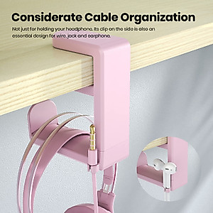 Rotating Headphone Stand - EURPMASK PC Gaming Headset Stand, Adjustable Clamp-on Headphone Holder, Headphone Hanger Hook Under Desk with 360 Degree Swivel&Cable Clip Organizer - Pink