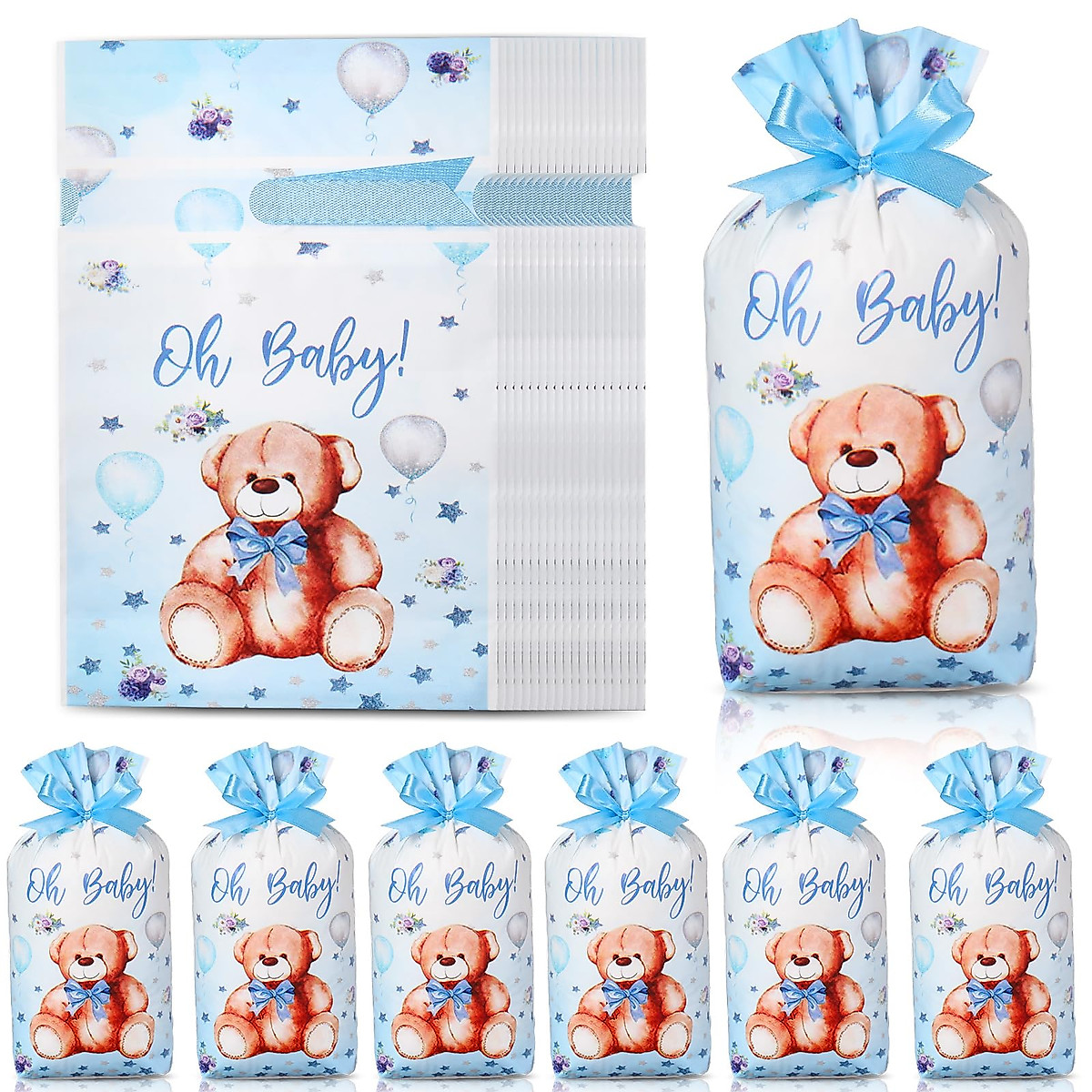 Chiisong 50 Pcs Baby Shower Treat Bags with Bow Plastic Baby Drawstring Candy Goodie Bags Baby Shower Party Favor Gift Bags for Boy Girl Birthday Gender Reveal Party 9 x 6 x 2 Inch(Bear)