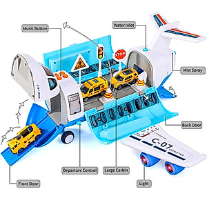 Bennol Spray Airplane Toys for Boys, Large Transport Cargo Airplane with 6 Construction Vehicle 10 Road Signs 1 Play Mat with Lights Sounds, Christmas Birthday Gifts for 3 4 5 6 7 8 Year Olds Boys