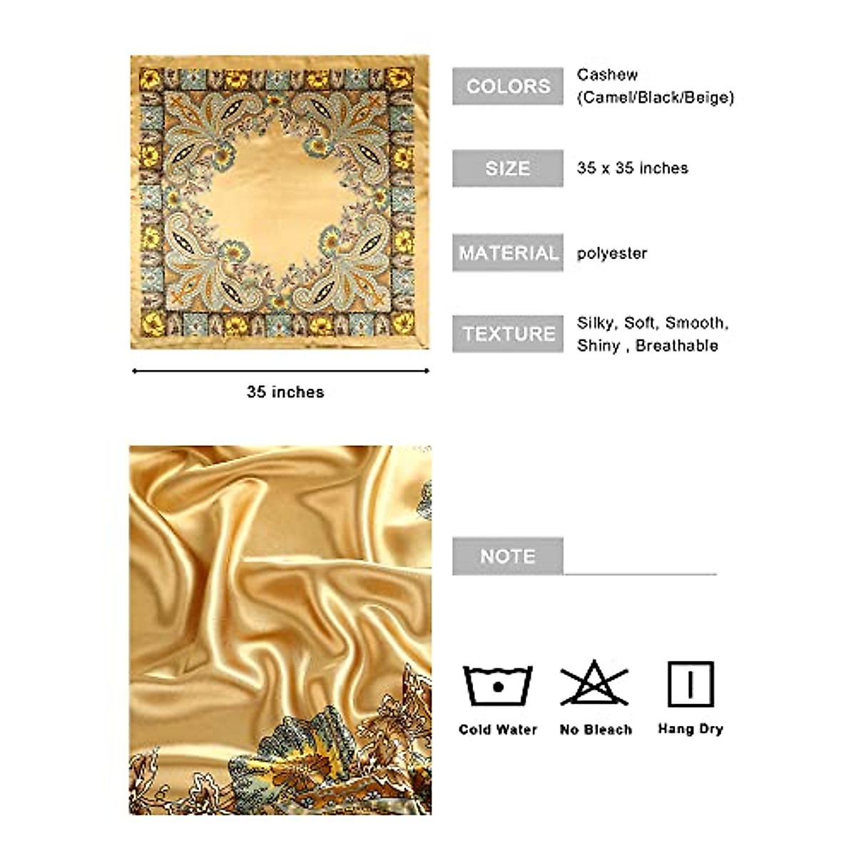 AWAYTR 35” Large Square Satin Head Scarf - 3Pcs Satin Hair Scarves Silk Bandana Scarf Beach Headscarf Silk Feeling Scarf for Women Hair Wrap Neck Scarf Cashew(Camel/Black/Beige)