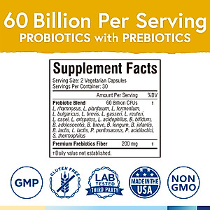 Terranics Probiotics 60 Billion CFU, 20 Strains, 60 Veg Capsules, Prebiotics & Probiotics, Shelf Stable Probiotic Supplement for Men & Women, Digestive & Immune Health, Non-GMO, NO Soy, Dairy & Gluten