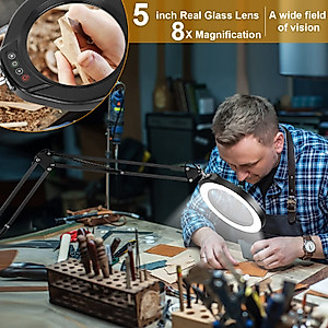 Veemagni 5 Inch Large Magnifying Glass with Light and Stand, 5 Color Modes Stepless Dimmable, 2*16 Inch Swivel Arm LED Clamp Desk Lamp, Hands Free 5X Lighted Magnifier for Close Work Crafts Soldering