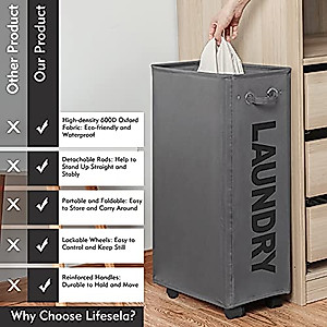 Lifesela X-Large Rolling Laundry Hamper, 27" Tall Slim Laundry Basket with Mesh Liner, Collapsible Dirty Clothes Hamper with Handle, Corner Laundry Bin Laundry Cart with Wheels (Grey)