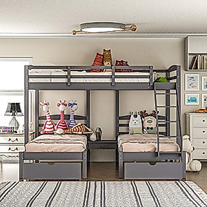 Wood Triple Bunk Bed,Triple Bunk Bed, Full Over Twin & Twin Bunk Bed with Drawers,Frame with Guardrails and Ladder for Kids, Teens, Adults, Space-Saving Design (Gray with Drawers)