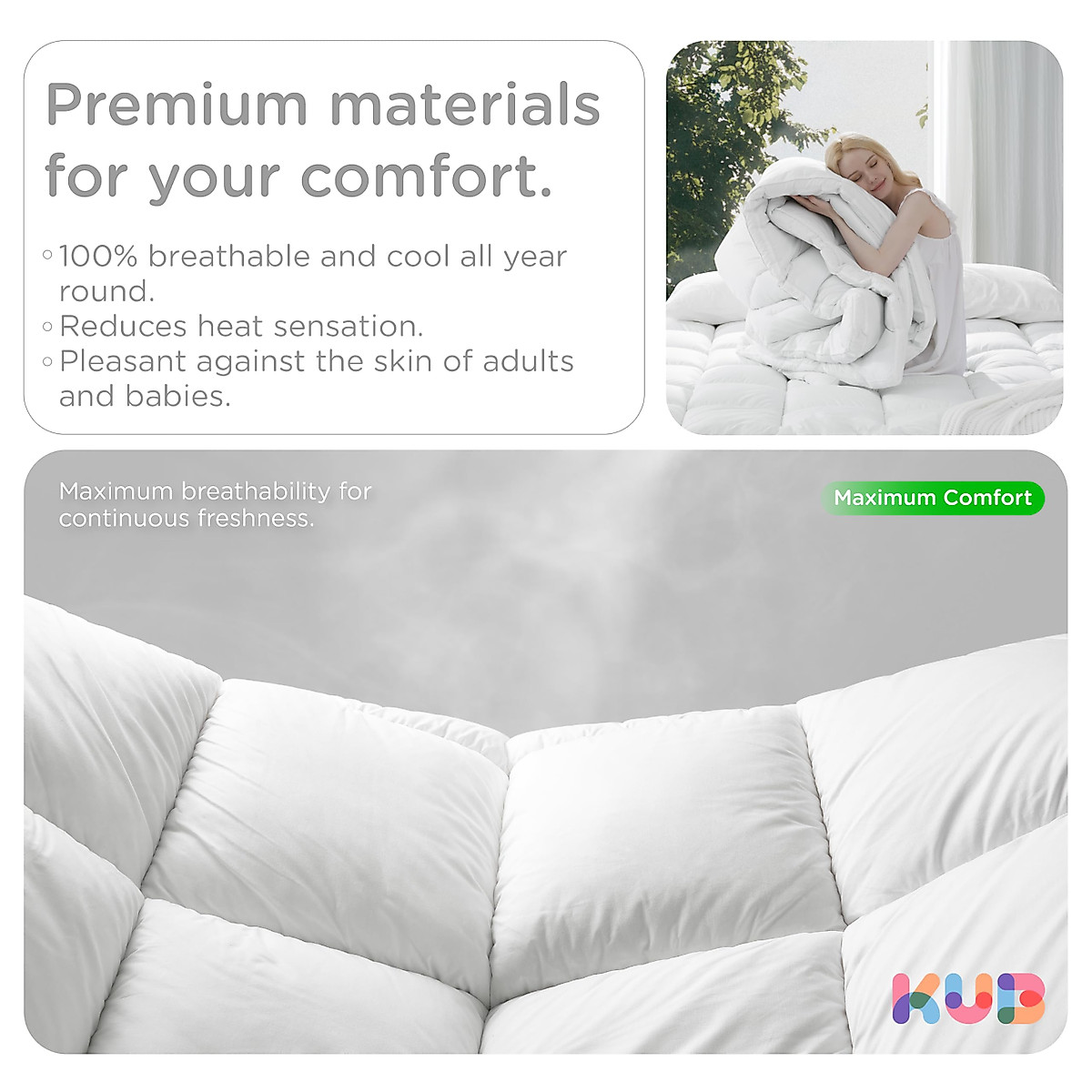 KUB Cotton Mattress Topper, Queen, Cooling Cotton Pillow Top with 8-21 Inch Deep Pocket, 3D Snow Down Alternative Fill, Breathable Fluffy Mattress Pad Cover (White, Queen 80 * 60inch)