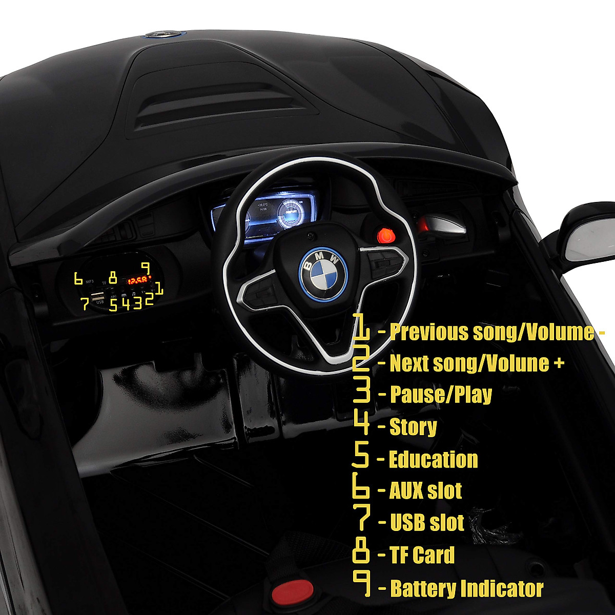 Americas Toys Compatible with BMW - Electric 12V Battery Remote Control Car - Kids Ride On Toys with 2 wheels Driving, Sound Buttons, Leather Seat, MP3 System for Music, Story and Education Horn Black