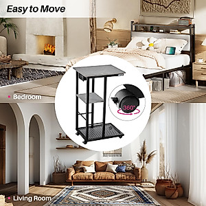 Redlife C Shaped End Table, Small Side Table with Rolling Wheels for Couch with Charging Station, High Slide Under Sofa TableSnack Side Table with Storage Basket for Small Spaces(Grey)