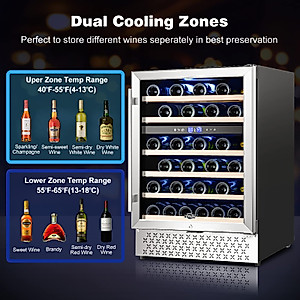 Tylza 24 Inch Wine Cooler Refrigerator 46 Bottle Dual Zone Built-in or Freestanding 24'' Wine Fridge with Stainless Steel & Professional Compressor and Temperature Memory Function