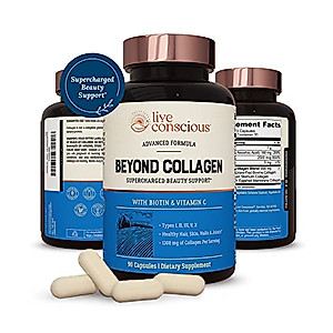 Live Conscious Beyond Collagen Multi Collagen Capsules - Types I, II, III, V & X | Hydrolyzed Blend with Biotin & Vitamin C for Hair, Skin, Nails 90 Capsules