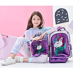 Girls Rolling Backpack Kids Backpacks with Wheels Backpack for Girls for School with Lunch Box Unicorn Reversible Sequin School Bags
