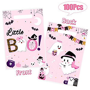 Haooryx 100Pcs Little Boo Party Favor Bags, Pink Little Boo Theme Plastic Candy Gift Bag Birthday Gift Warp Goodie Treat Bags for Halloween Party Kids Theme Birthday Baby Shower Party Favors Supplies