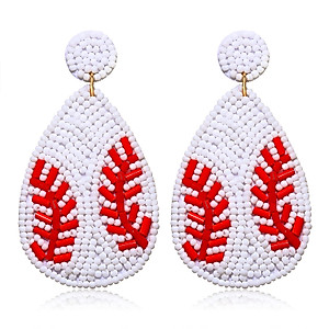 NLCAC Beaded Baseball Teardrop Earrings Handmade Statement Beaded Drop Dangle Earrings Sports Earrings Holiday Party Game Jewelry for Women White