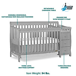 Dream On Me 5 In 1 Brody Convertible Crib With Changer In Pebble Grey, Greenguard Gold Certified, Comes With 1" Changing Pad, Non-Toxic Finish, Made Of Durable Pinewood