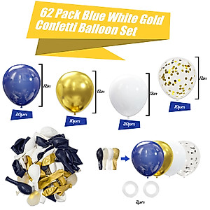 62pcs Gold Navy Blue Balloons Kit - 12 Inches Gold Blue Party Decoration Balloons for Graduation Baby Shower Birthday Party Decorations Favors