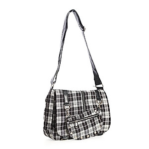 Punk Plaid Print Tartan Messenger Shoulder Bag Crossbody Handbag Women's Purse (Black/White)