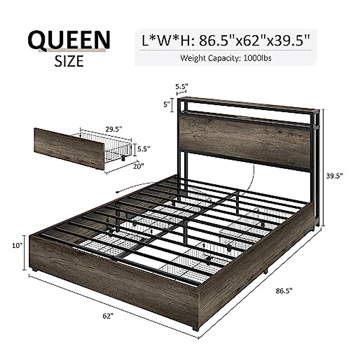 AMERLIFE Queen Size Storage Bed Frame, Wooden Platform Bed with Charging Station, 4 Drawers & Headboard/No Box Spring Needed/Noise-Free/Rustic Grey