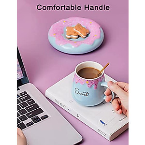 SISETOP Novelty Espresso Cups and Saucers, Ceramic Donut Mug, 9.5oz Creative Cute Cups, Unique Coffee Mug with Spoon for Gift, Kids, Adults, Birthday